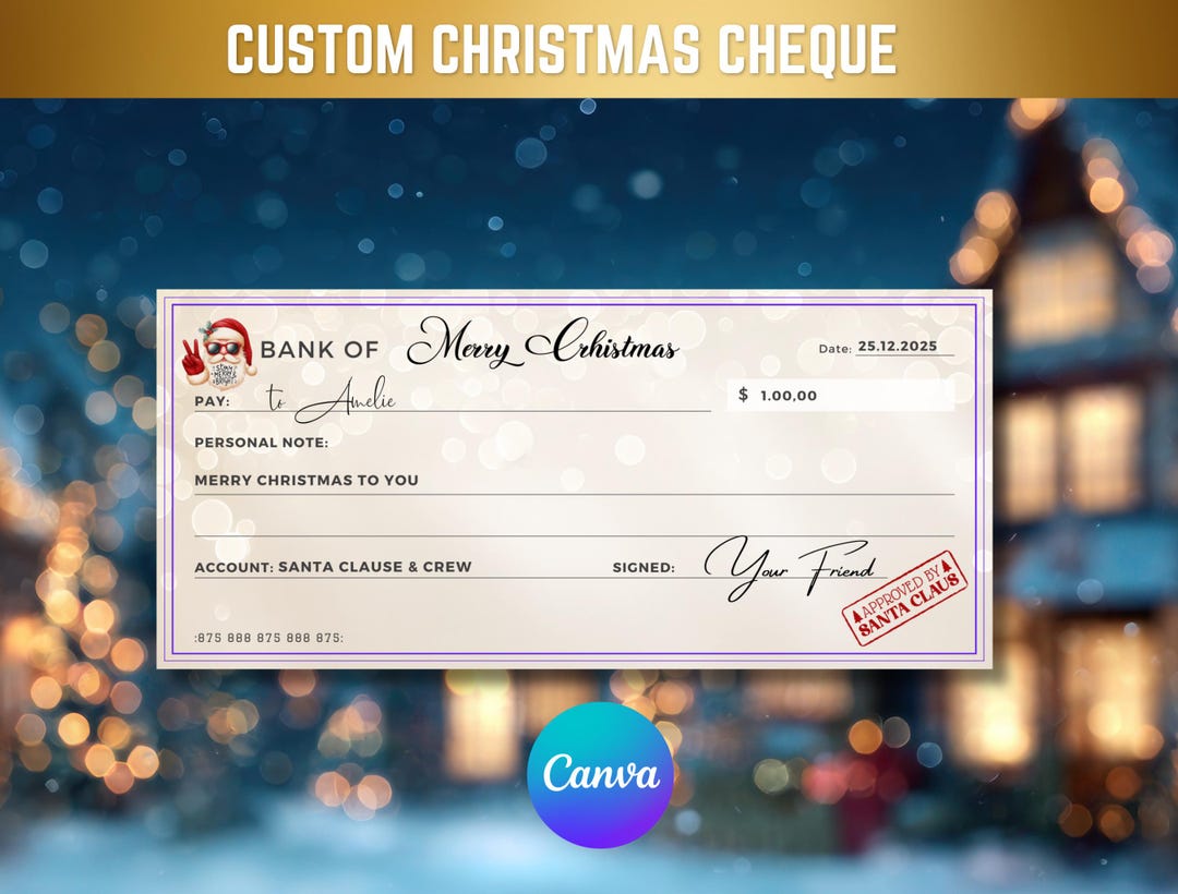 Personalised Christmas Cheque, Gift Voucher, Bank Transfer Gift, Custom ...