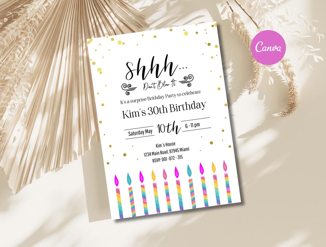 Editable Candles Surprise Birthday Invitation Shhh It's A Surprise ...