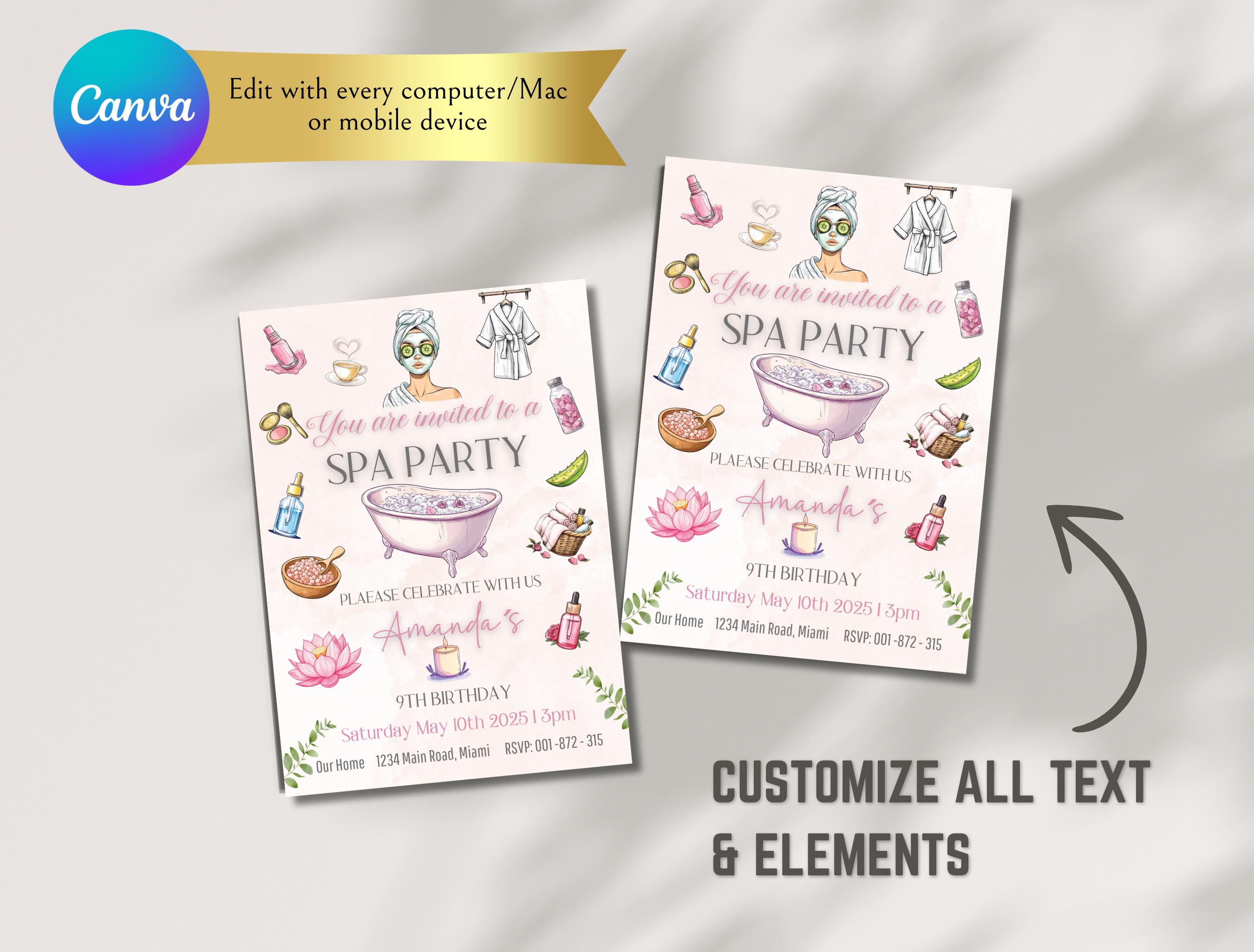 Girls Spa Birthday, Spa Party Birthday Invitation, Pamper Party Invite ...