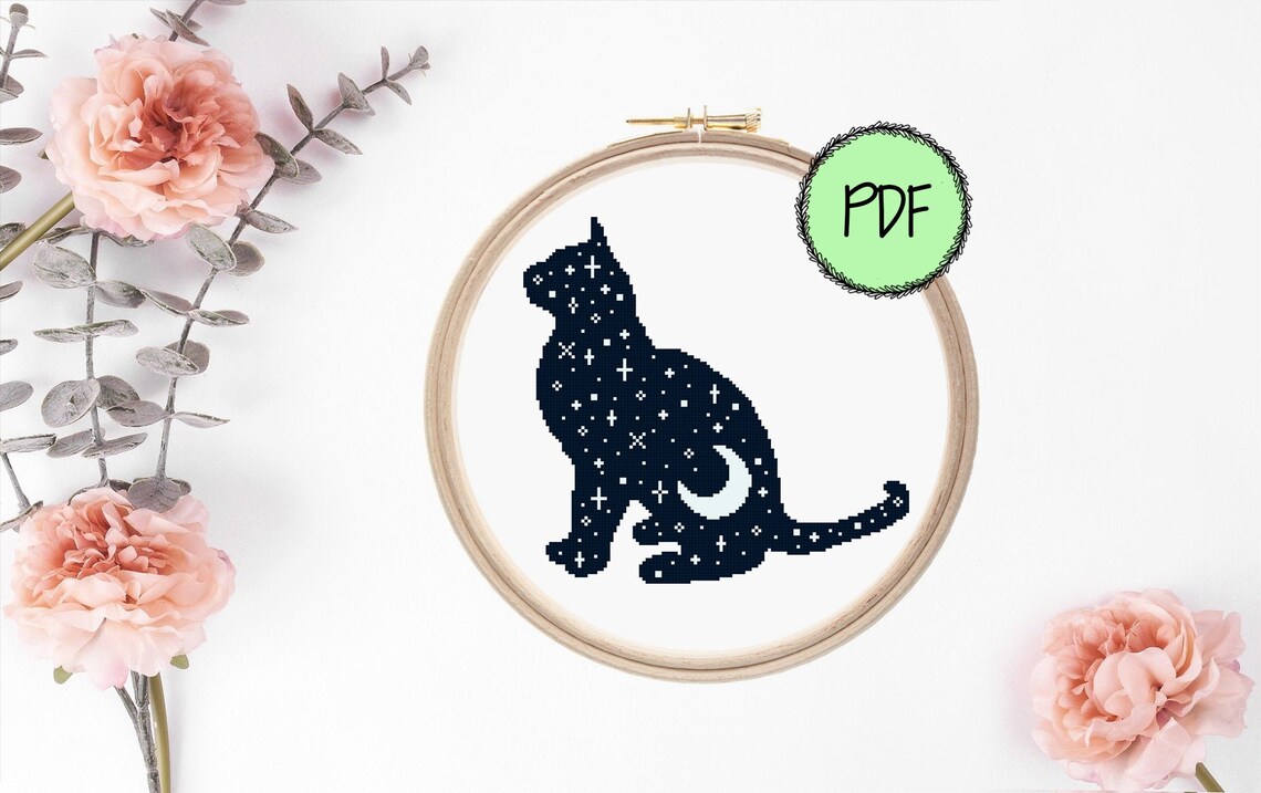 Starry Cat Cross Stitch Pattern | Cat Silhouette | Galaxy Space Stars ...
