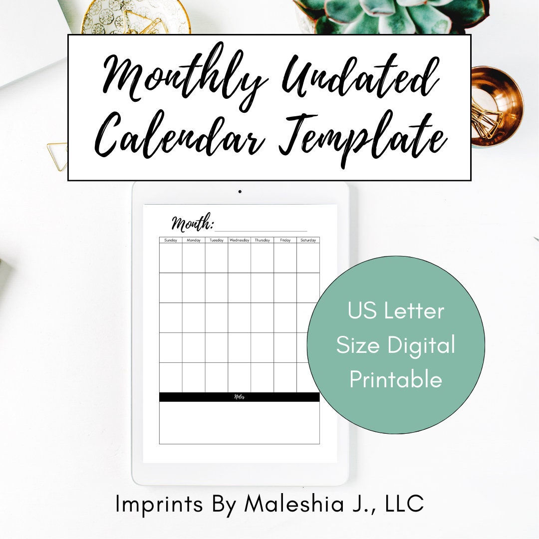 Undated Monthly Calendar With Notes Printable US Letter PDF - Etsy