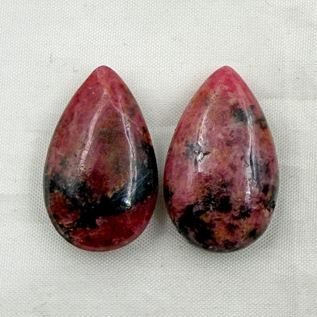 Pink Rhodonite Cabochon Pair, Drop Shape Gemstone Cabochons for ...