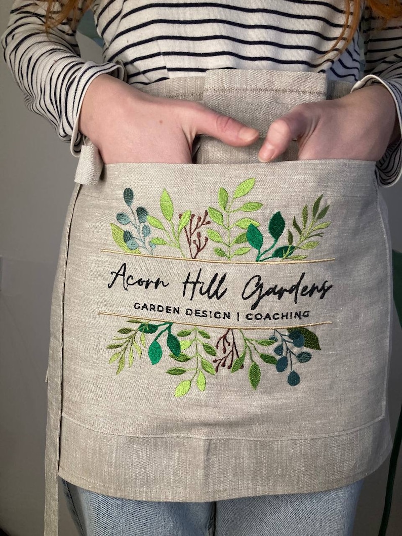 Logo Embroidery Linen Half Apron W/ Pocket Women Men, Custom Logo ...