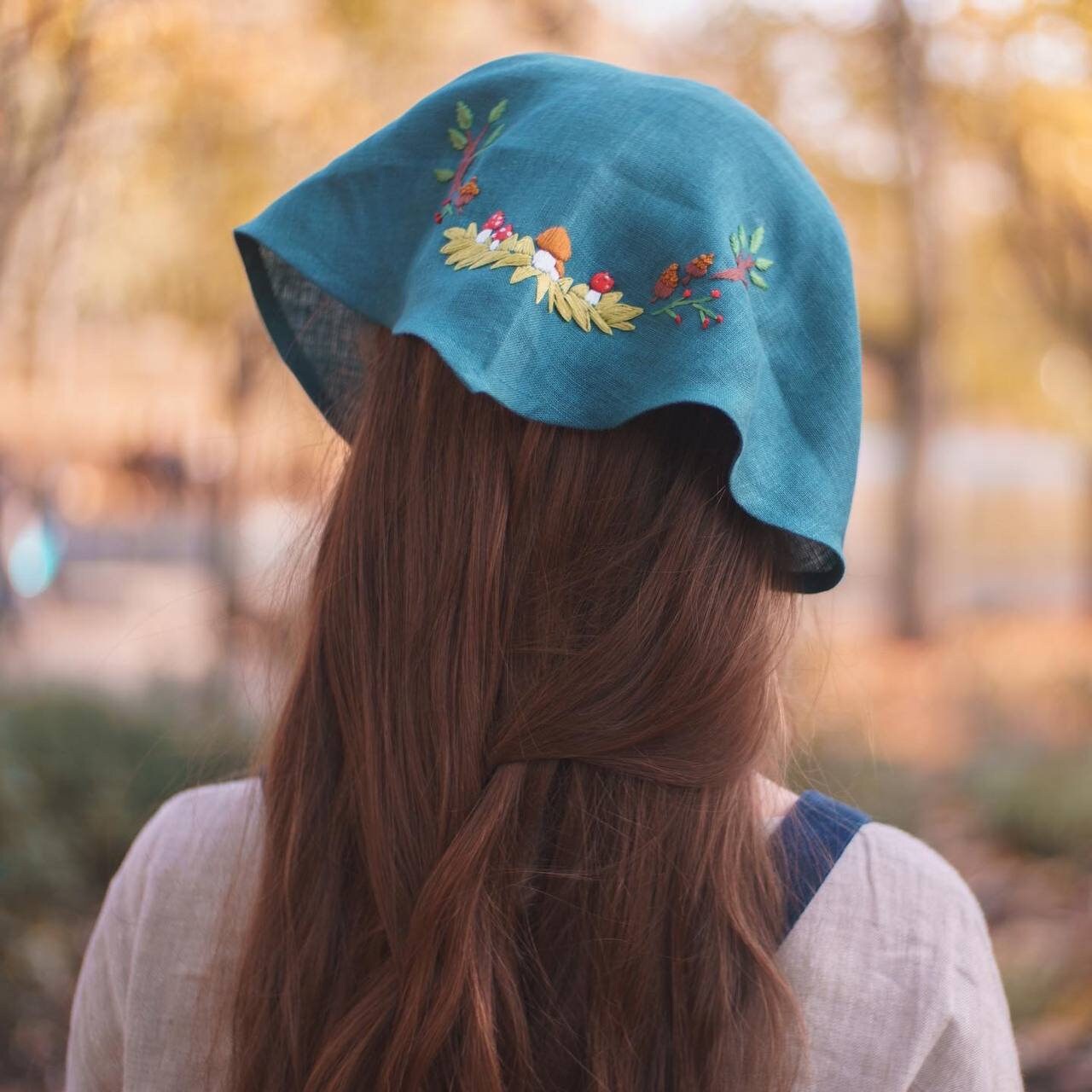 Goblincore Linen Headscarf Mushroom Embroidery, Custom Triangle ...