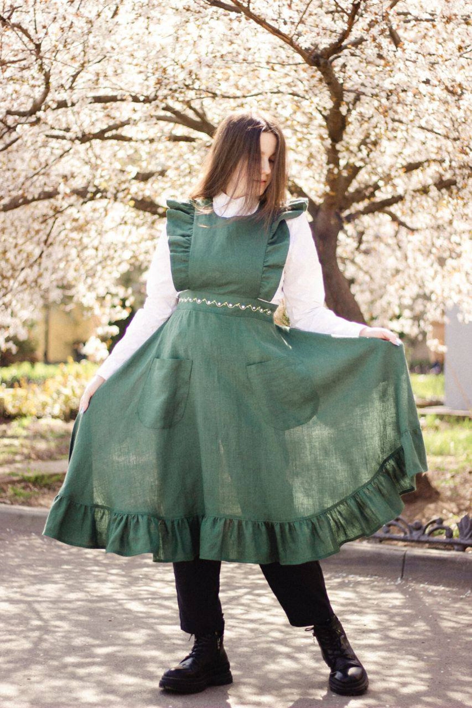 Linen Ruffles Pinafore Apron Dress W/ Pockets Cottagecore - Etsy