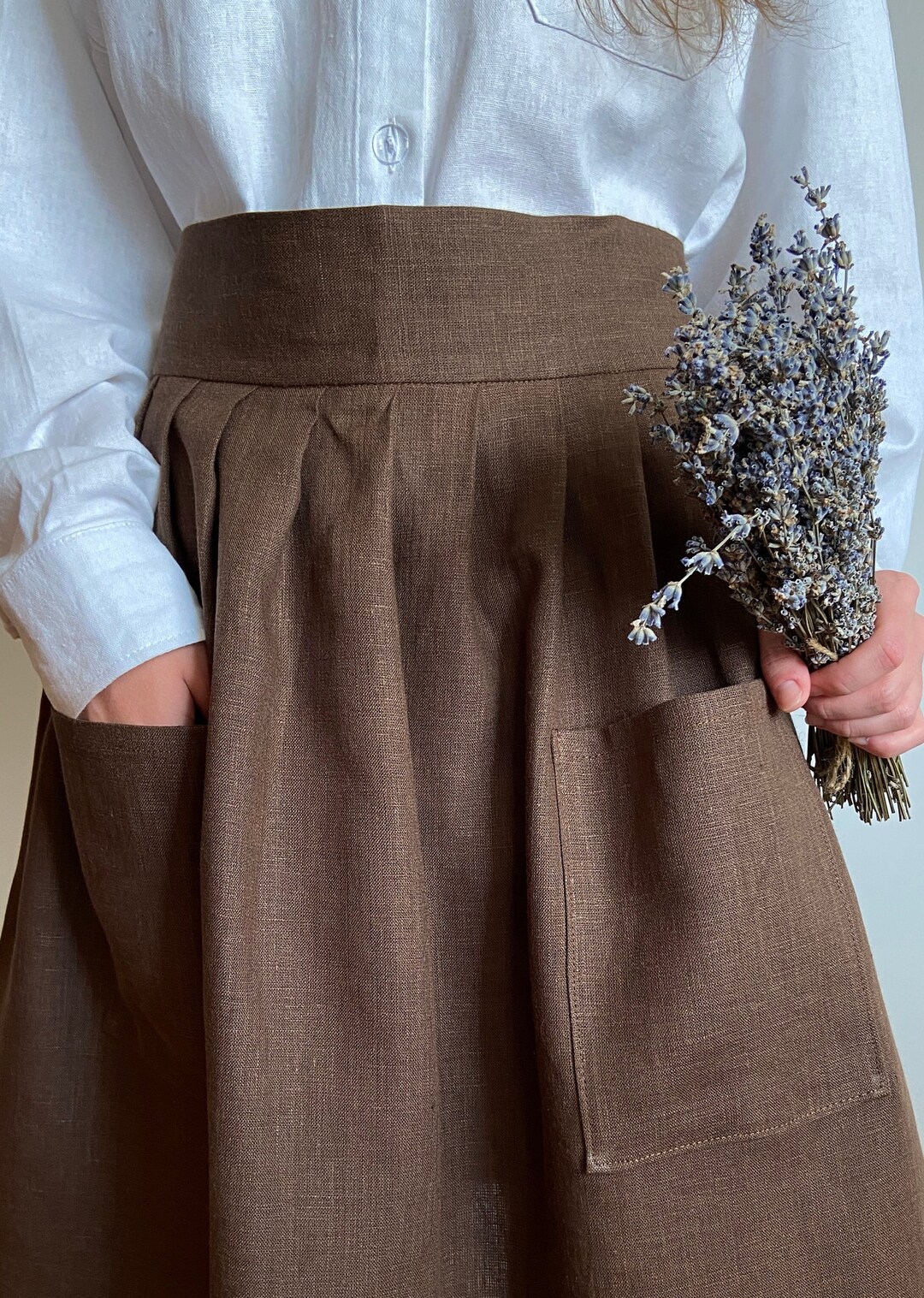 Brown Linen Half Apron Skirt With Pockets for Women, Green Pinafore ...