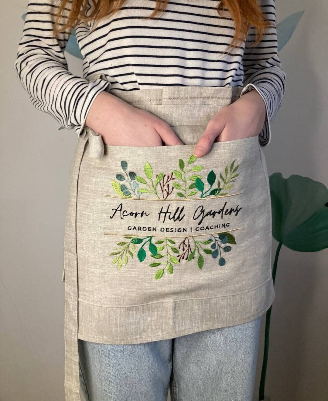 Logo Embroidery Linen Half Apron W/ Pocket Women Men, Custom Logo ...