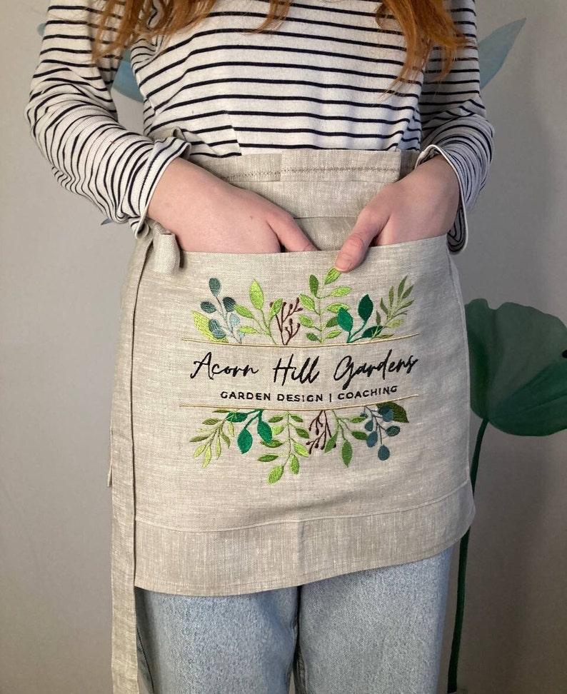 Logo Embroidery Linen Half Apron W/ Pocket Women Men, Custom Logo ...