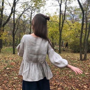 Linen Blouse With Ruffled Bottom and Puffy Sleeves for Women - Etsy