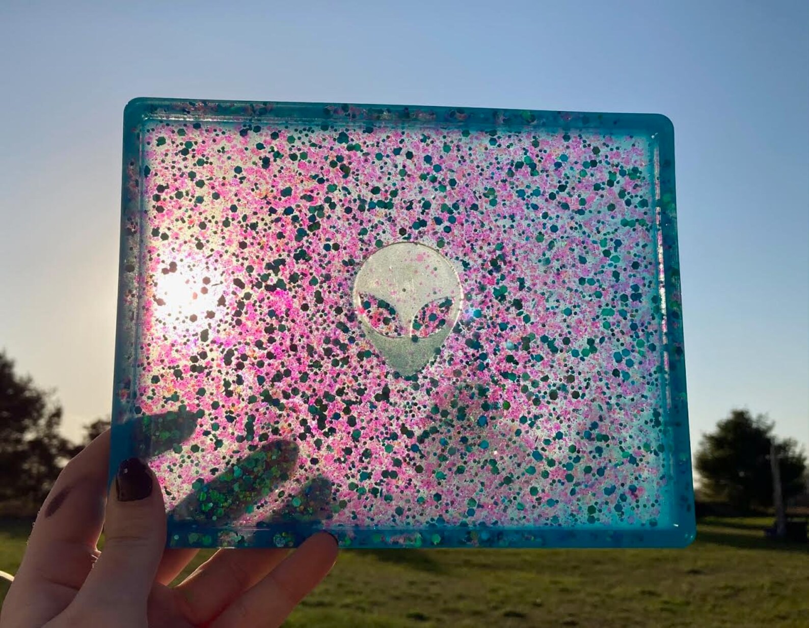 Chunky Blue and Pink Glitter Alien Tray | Blue/pink Glitter Rectangle ...