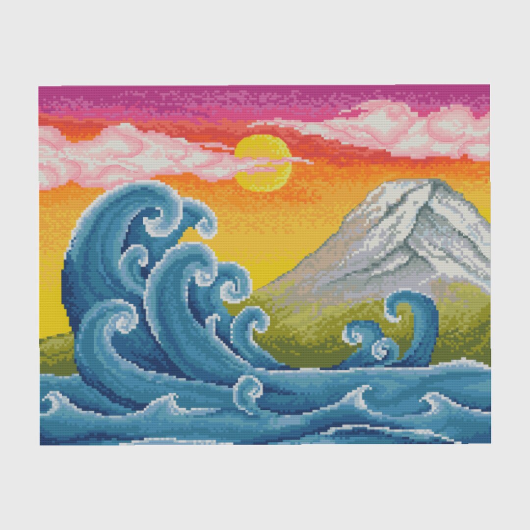 Cross Stitch Wave Sunset and Mountain Seascape PDF Chart Pattern ...
