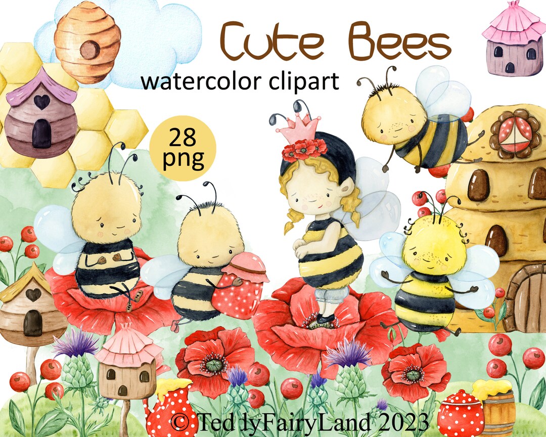 Cute Bees Watercolor Clipart, Sweet Honey, Meadow Flowers, Beehives ...