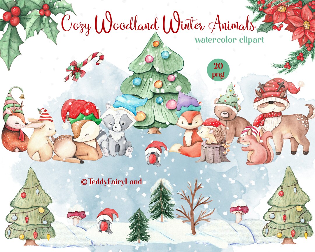 Clipart Set Cozy Woodland Winter Animals. Christmas Clipart Winter ...