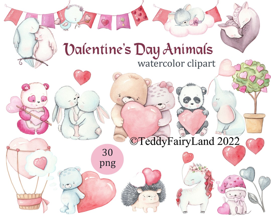 Valentine's Day Animals Watercolor Clipart. PNG Valentines Day Clipart ...