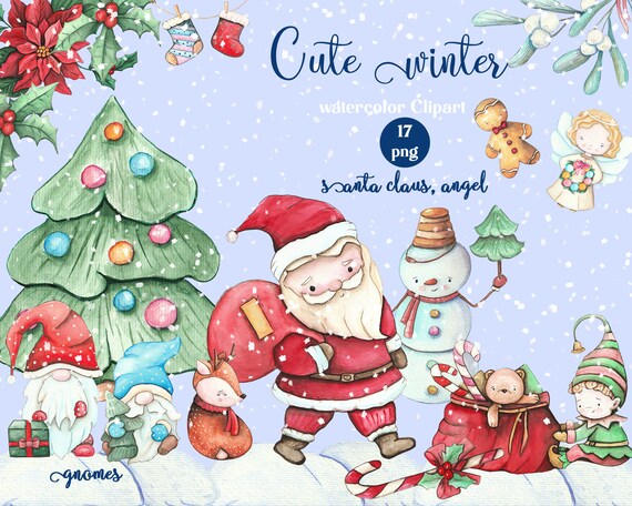 Christmas Watercolor Clipart Cute Santa Christmas Gnome - Etsy