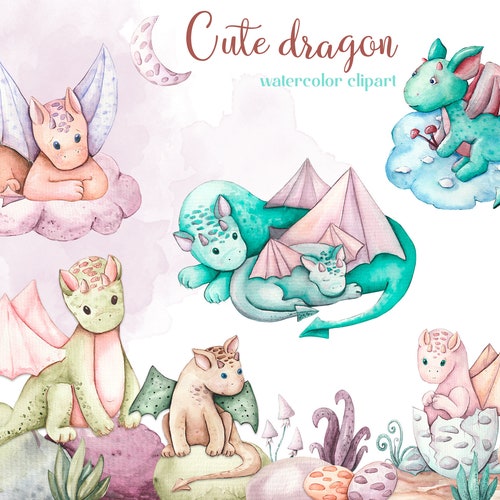Dragons and Fairytale Castles Watercolor Clipart Cute Dragon - Etsy