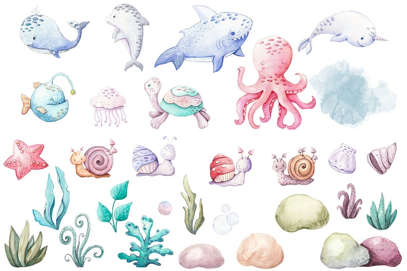 Undersea Watercolor Clipart Cute Sea Animals Nursery Decor - Etsy