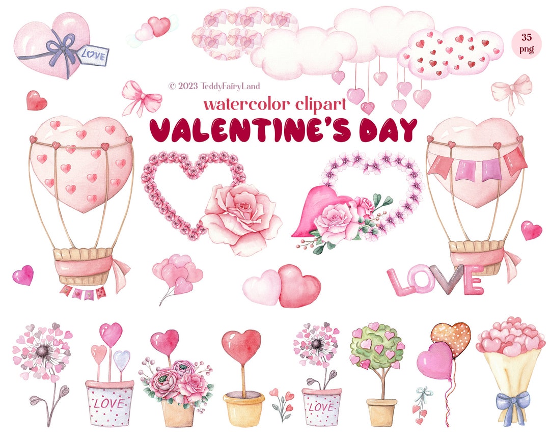 Valentine's Day Watercolor Clipart. PNG Valentines Day - Etsy