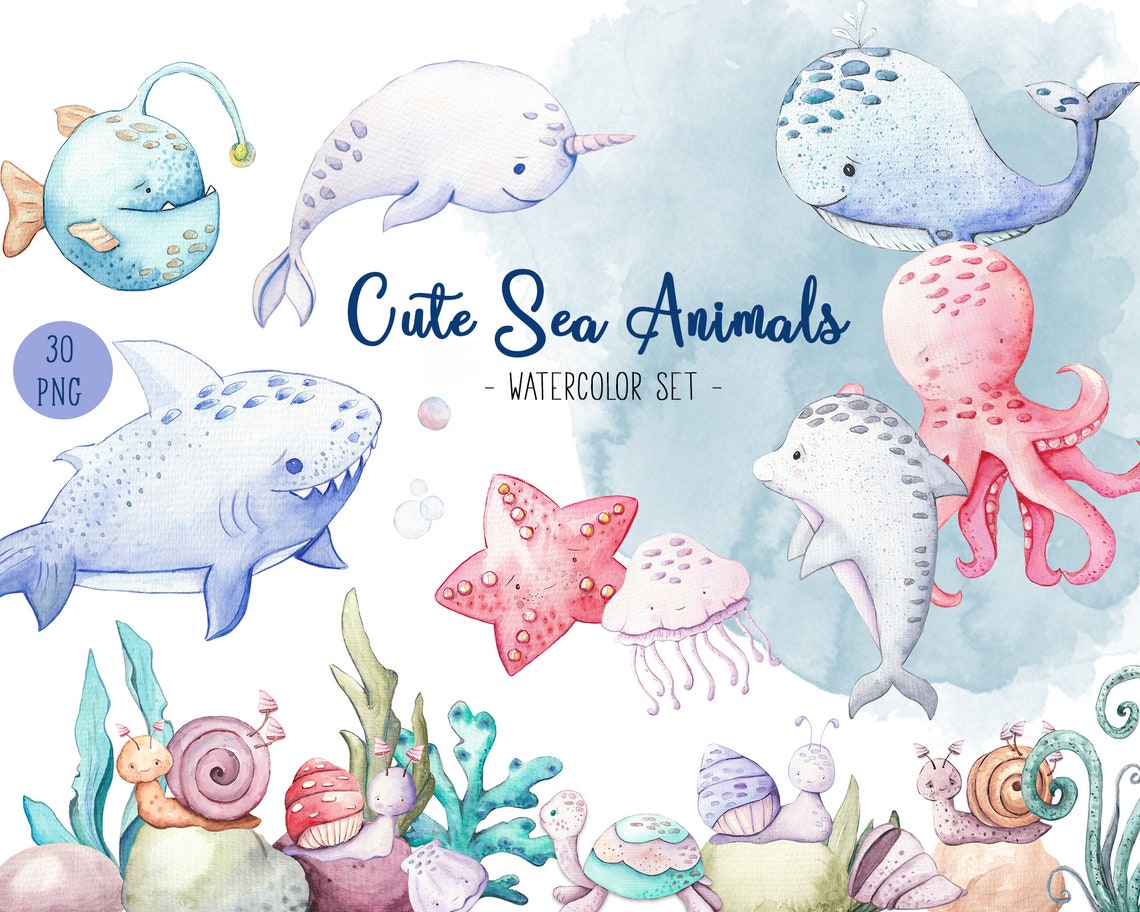 Undersea Watercolor Clipart Cute Sea Animals Nursery Decor - Etsy