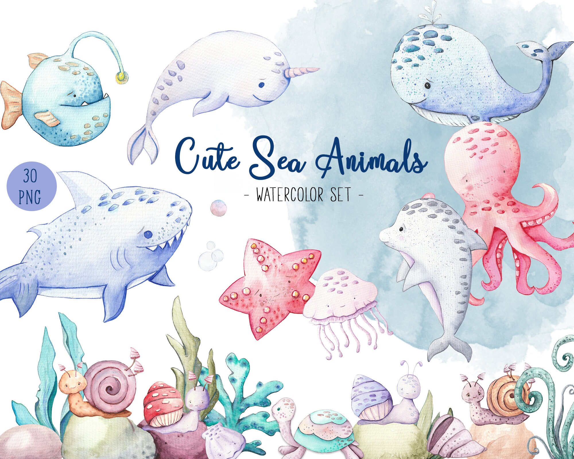 Undersea Watercolor Clipart Cute Sea Animals Nursery Decor - Etsy