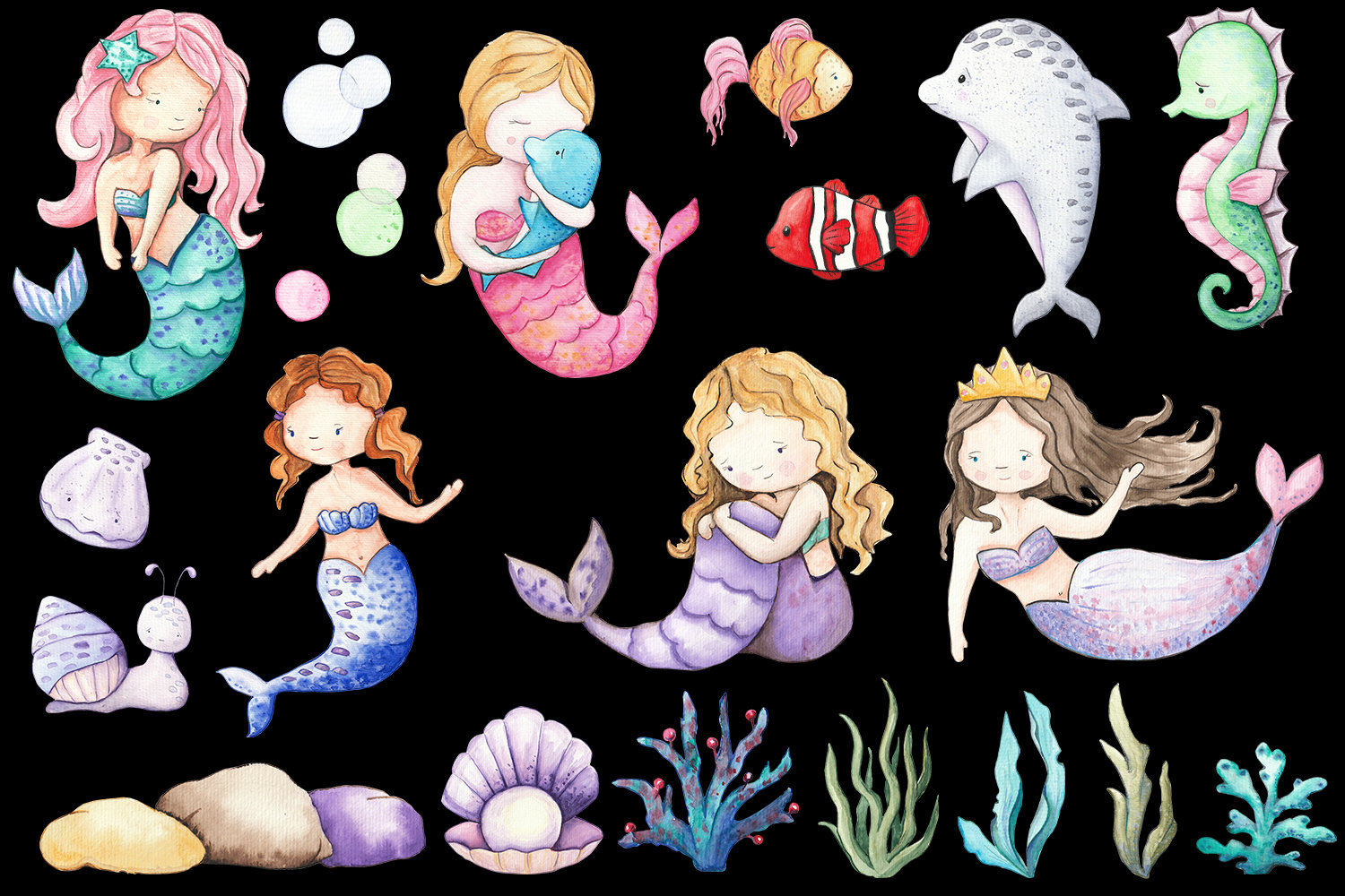 Mermaids & Friends. Underwater World MERMAIDS Watercolor Set - Etsy