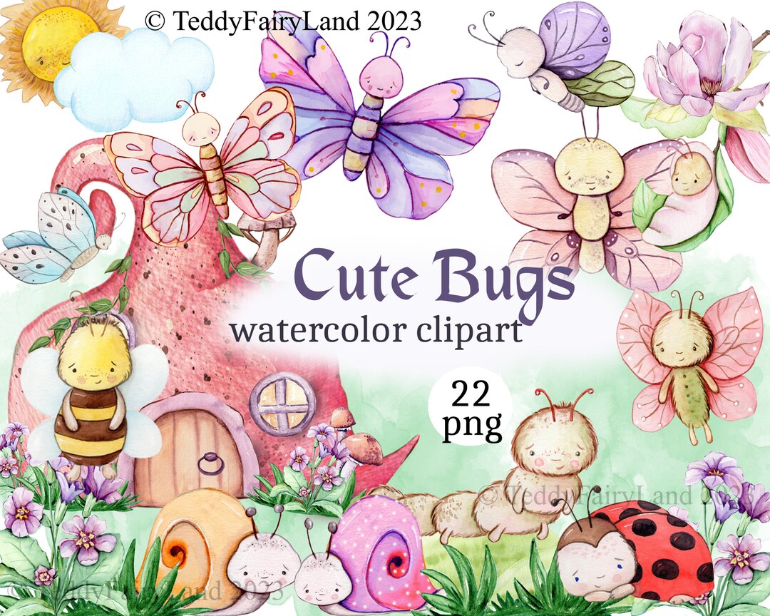 Cute Bugs Watercolor Clipart Cute Insect Clip Art Butterfly Bee Ladybug Caterpillar Snail