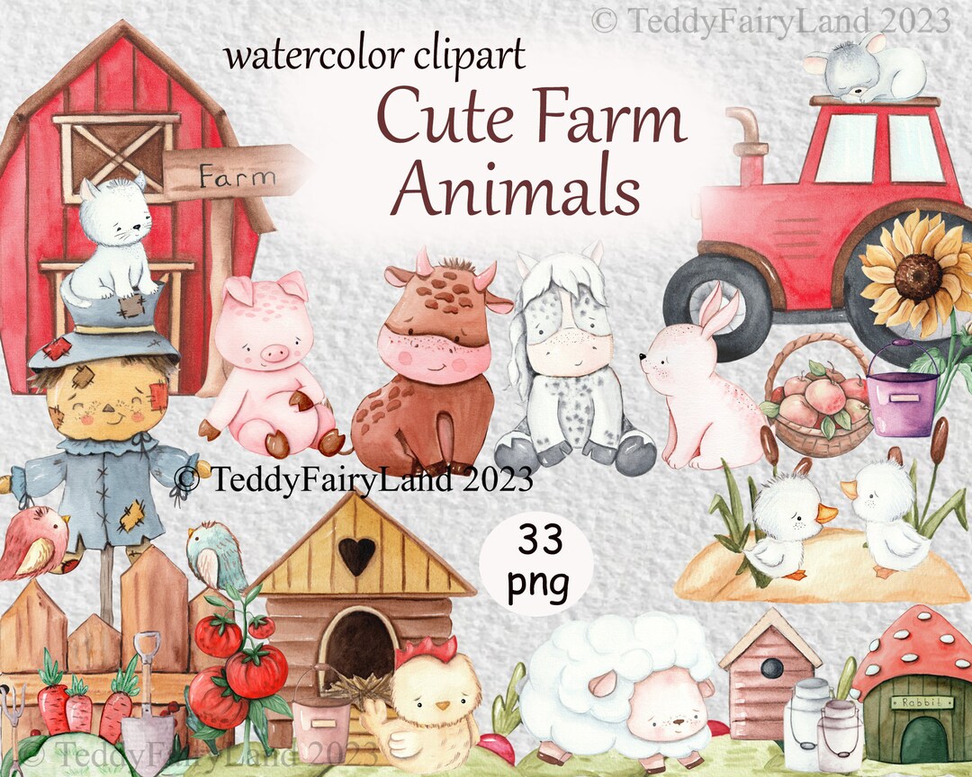 Cute Farm Animals Watercolor Clipart, Village Clip Art, Cow, Pig, Horse ...