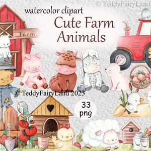 Cute Farm Animals Watercolor Clipart, Village Clip Art, Cow, Pig, Horse ...