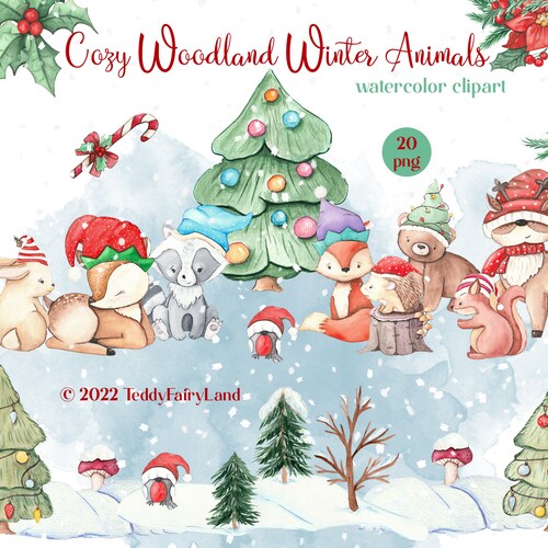 Winter Woodland Animals Clipart Christmas Woodland Nursery - Etsy