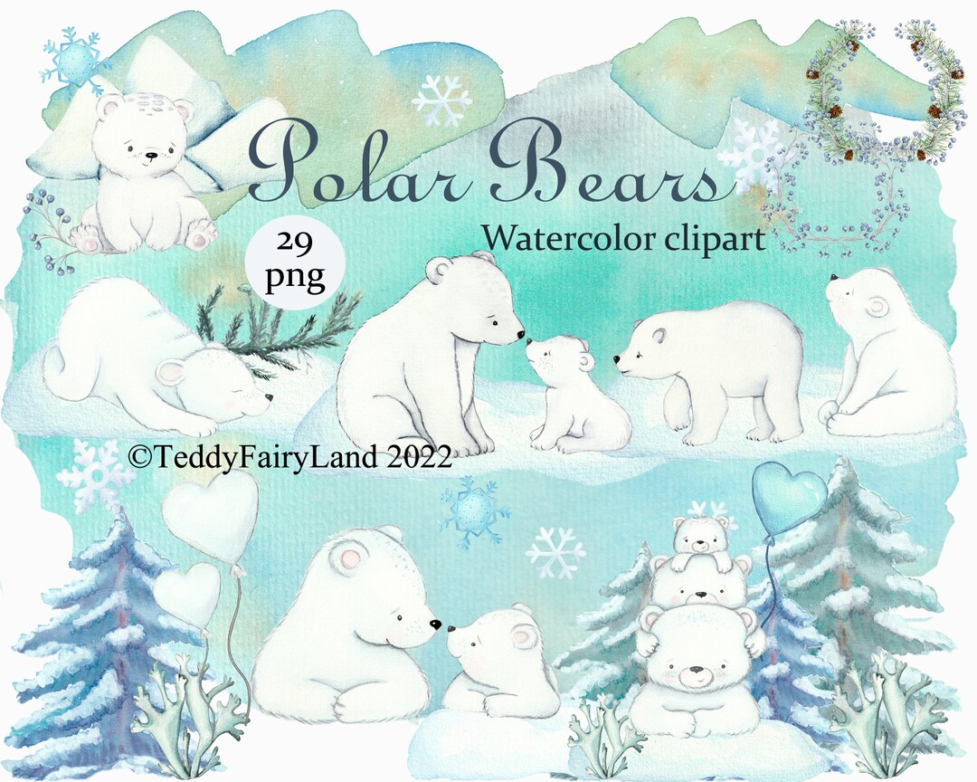 Polar Bears Watercolor Cliparts, Polar Animals, North Pole Animals ...