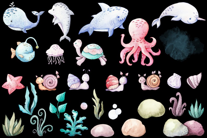 Undersea Watercolor Clipart Cute Sea Animals Nursery Decor - Etsy