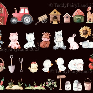 Cute Farm Animals Watercolor Clipart, Village Clip Art, Cow, Pig, Horse ...