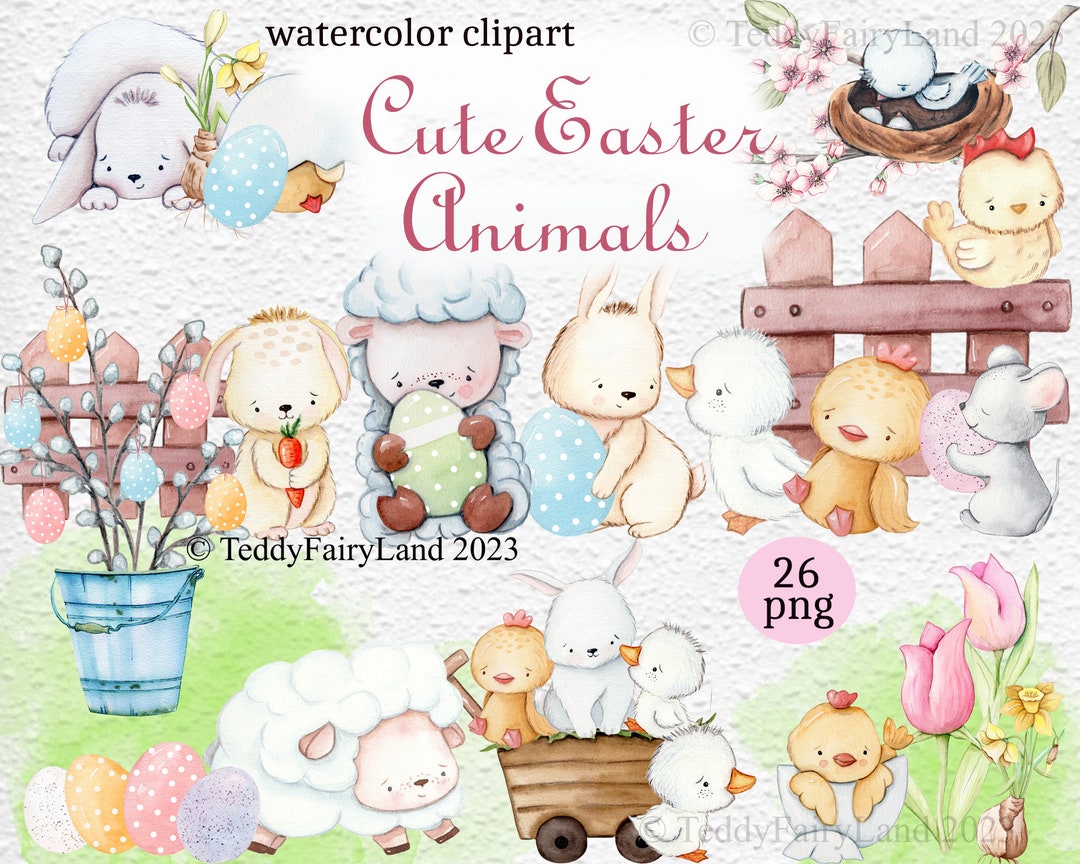 Cute Easter Animal Watercolor Clipart ,easter Farm Animals , Eggs Clip ...