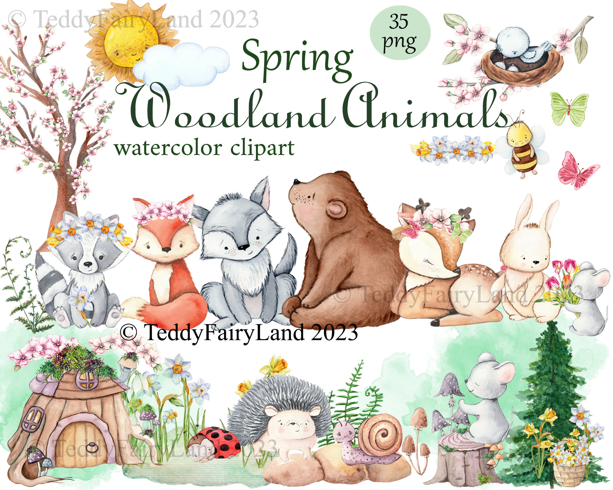 Woodland Animal Spring Watercolor Clipart. Clipart of Forest - Etsy