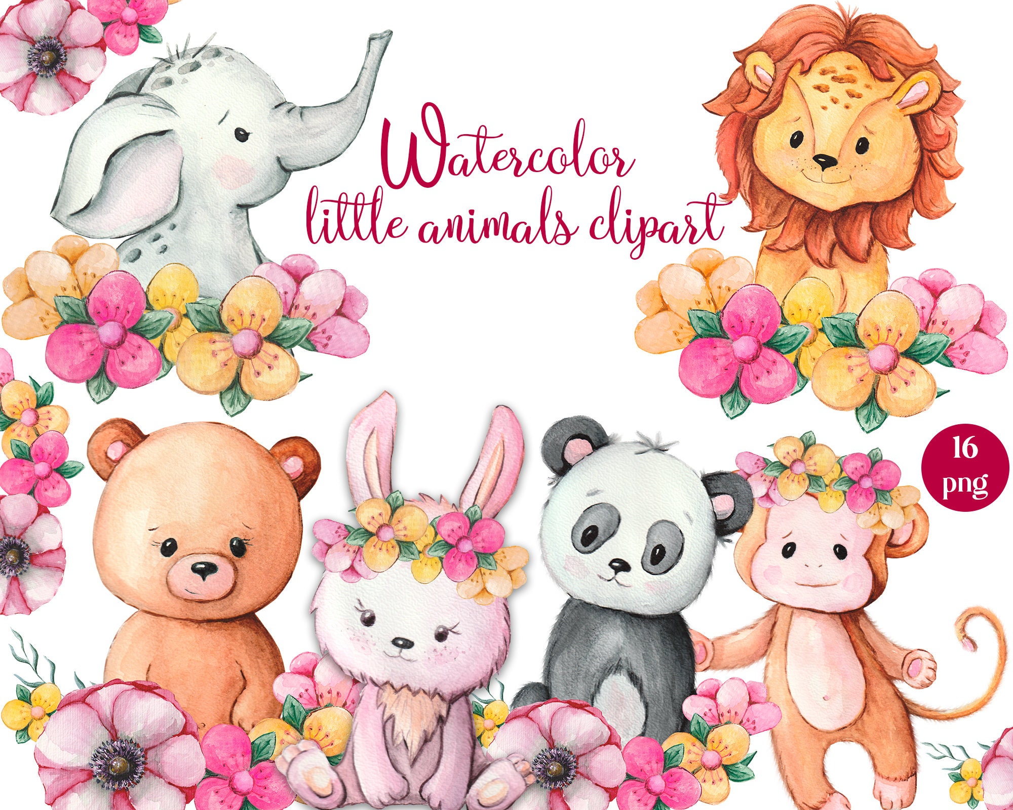 Cute Animals in Flowers Watercolor Little Animals Clipart - Etsy
