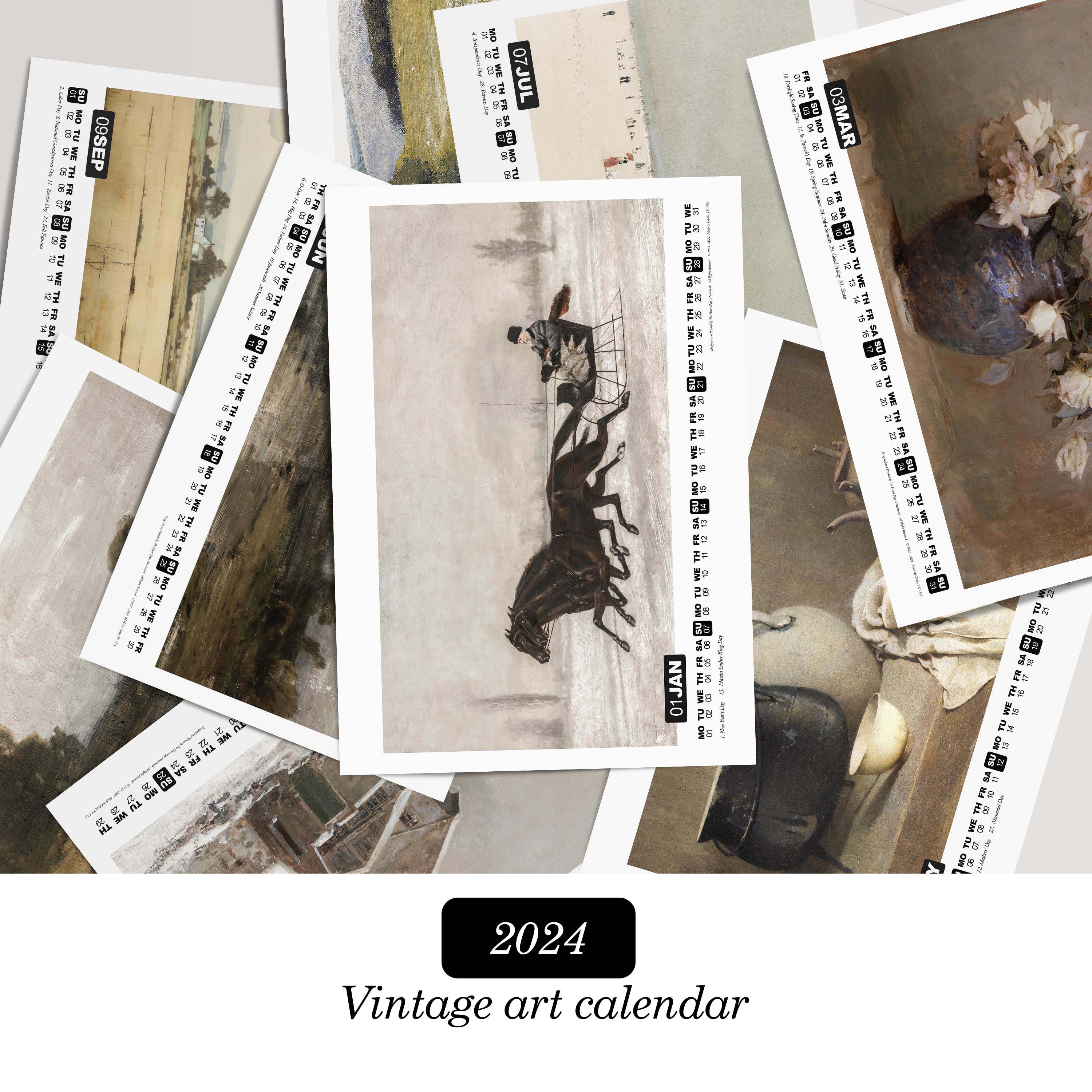 2024 Printable Vintage Art Calendar, 11x17 and US Letter Size, Wall ...