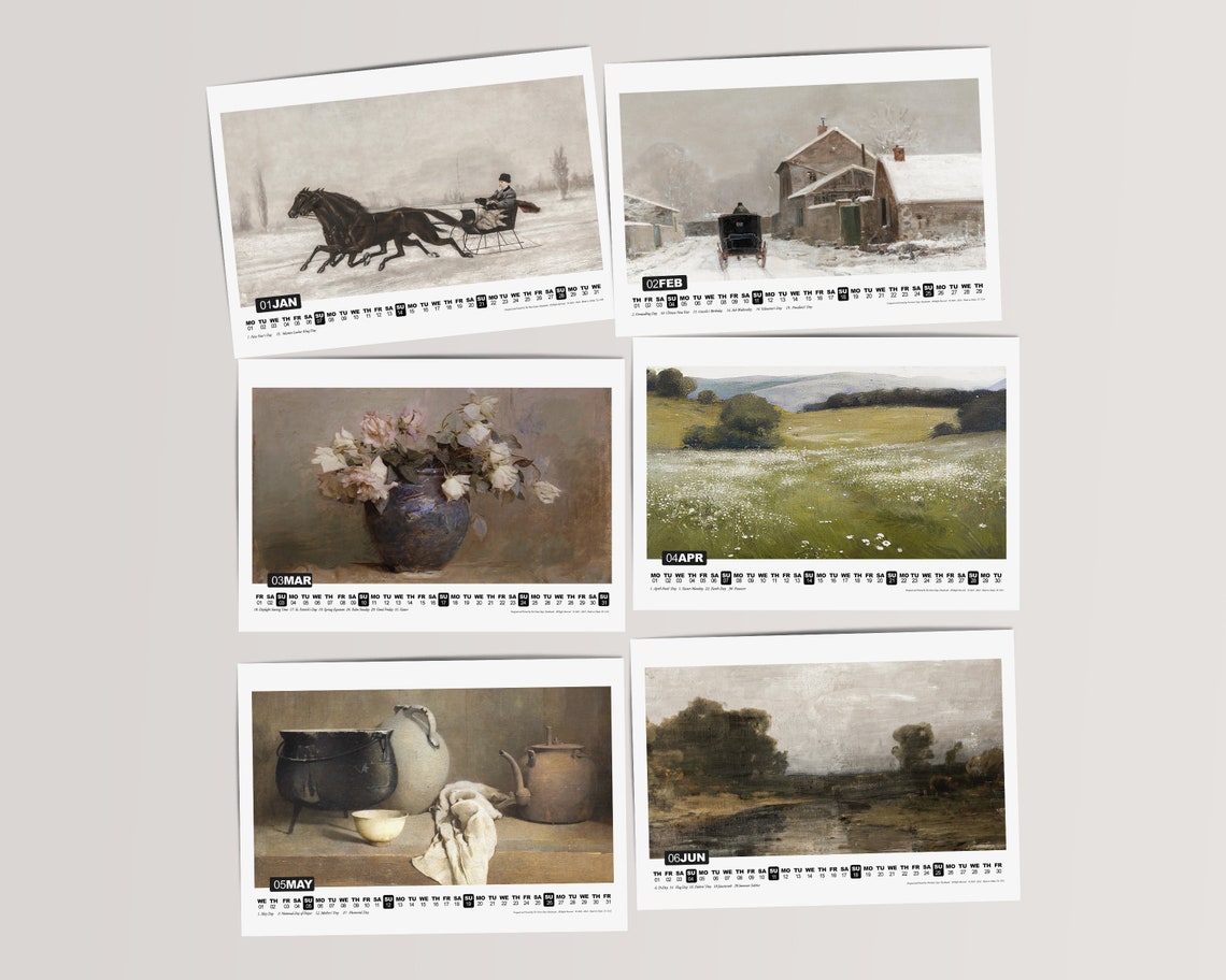 2024 Printable Vintage Art Calendar, 11x17 and US Letter Size, Wall ...