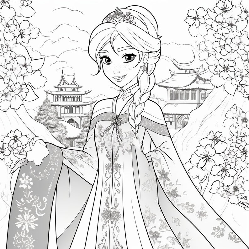 Digital Fan Art Coloring Page Elsa in Japanese Kimono Dress Printable ...