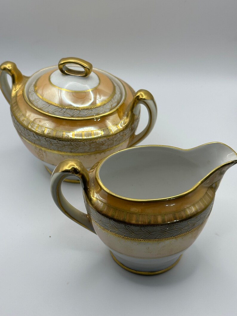 Vintage Noritake Morimura Porcelain Amber Lustre Gold Moriage Sugar and ...