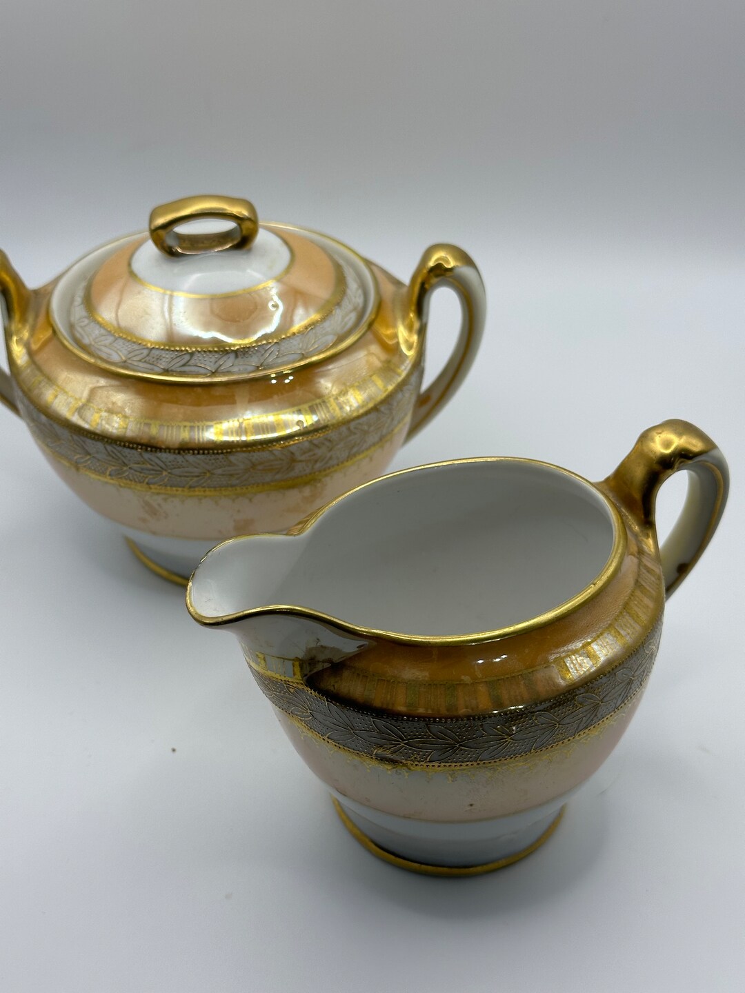Vintage Noritake Morimura Porcelain Amber Lustre Gold Moriage Sugar and ...
