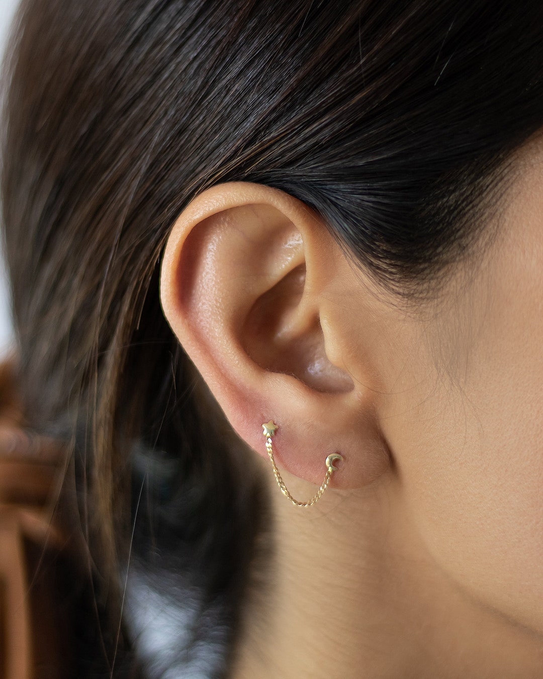 Double Ear Piercing Earring-10k Gold Chain Stud Earring-two - Etsy