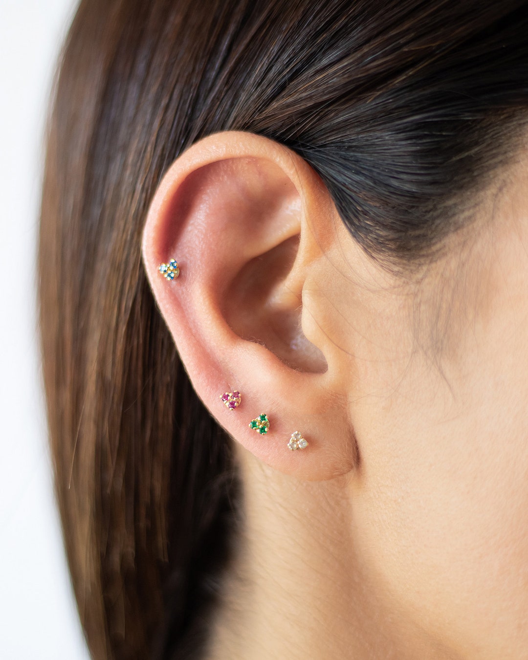 10K Gold Three Dainty Trio Stud Earring-gold Screw Back Earring-gold ...