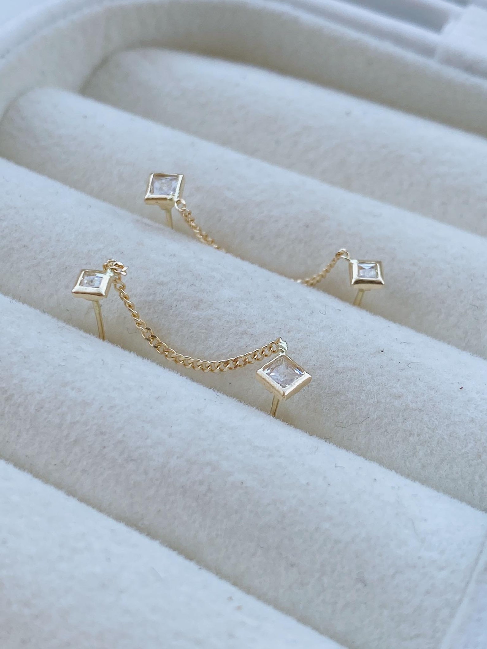 Double Ear Piercing Earrings – 10K Gold Chain Stud Earrings – Two Hole ...