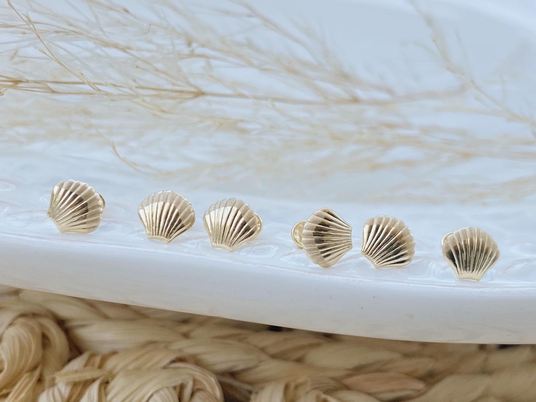 Seashell Earrings-10k Gold Sea Shell Stud Earrings-gold Nautical ...