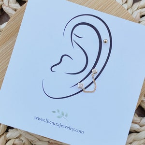 Double Ear Piercing Earrings – 10K Gold Chain Stud Earrings – Two Hole ...