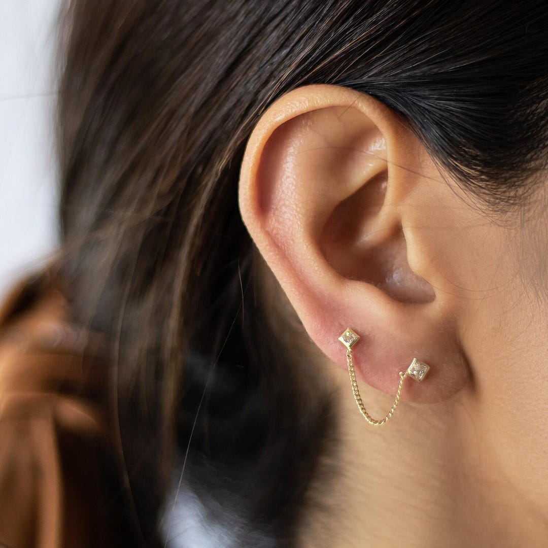 Double Ear Piercing Earrings – 10K Gold Chain Stud Earrings – Two Hole ...