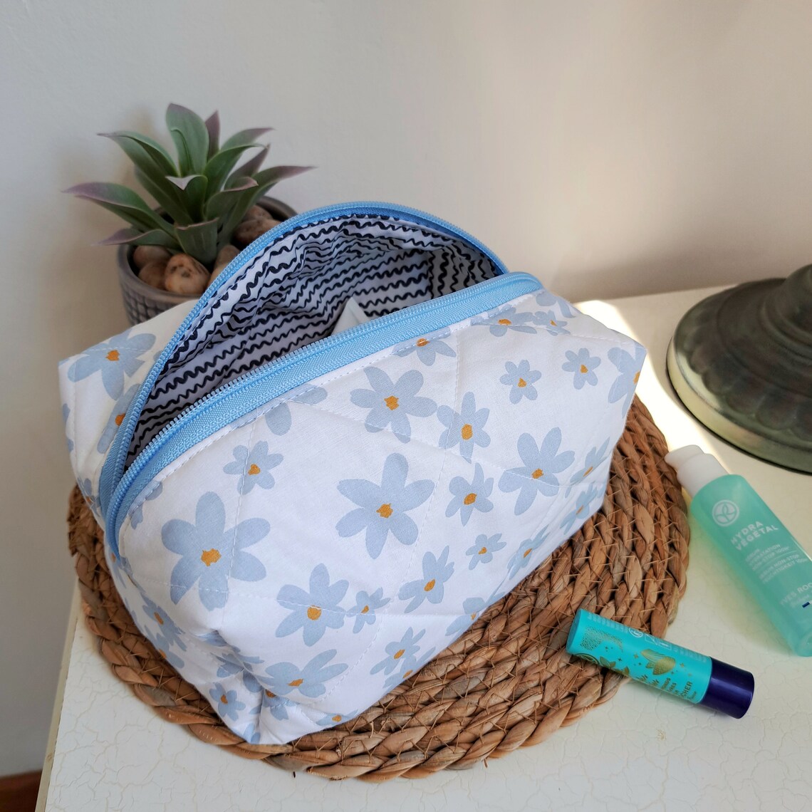 Blue Floral Cosmetic Bag, Quilted Cosmetic Bag, Cotton Toiletry Bag ...