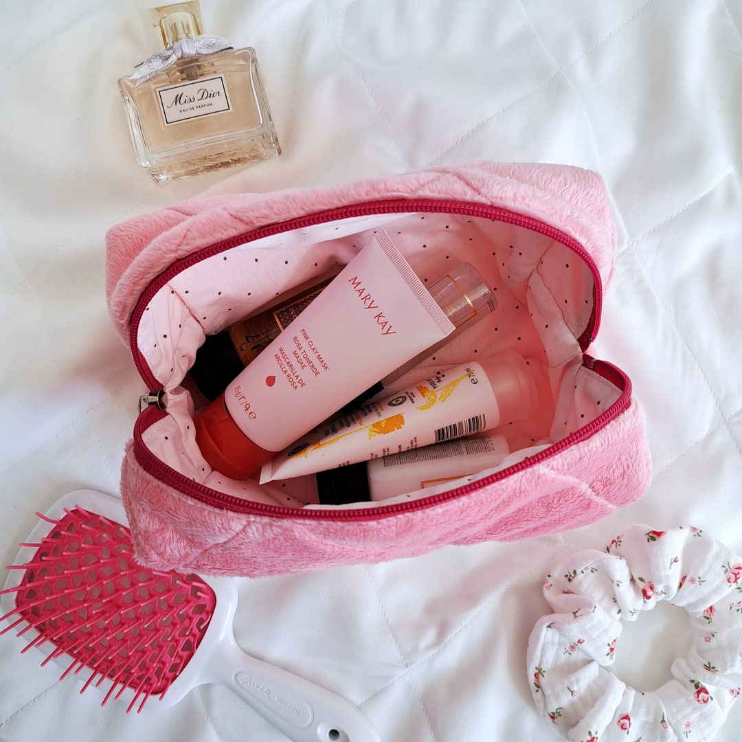 Fluffy Pink Cosmetic Bag Quilted Plush Cosmetic Bag Soft - Etsy
