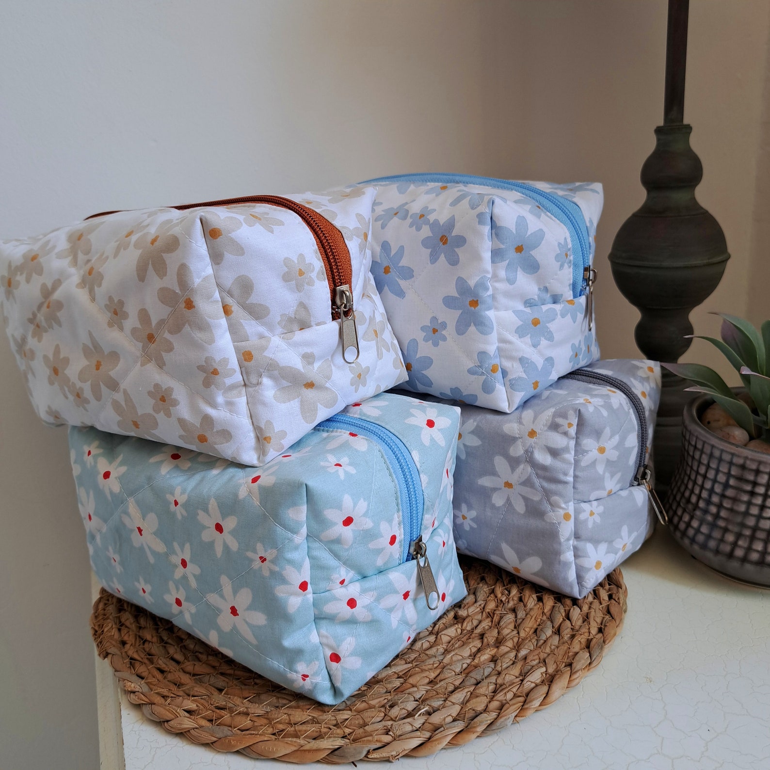 Blue Floral Cosmetic Bag, Quilted Cosmetic Bag, Cotton Toiletry Bag ...