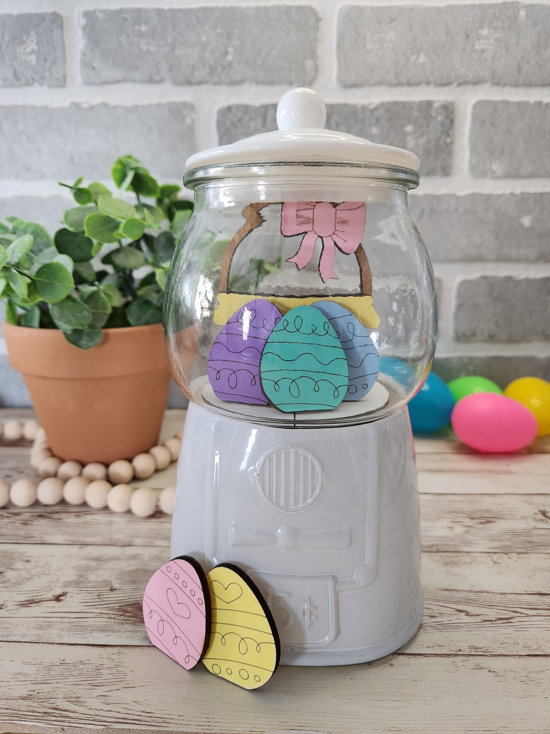 Easter Basket, Mini Gumball Machine, Wood Easter Eggs, Easter Decor ...